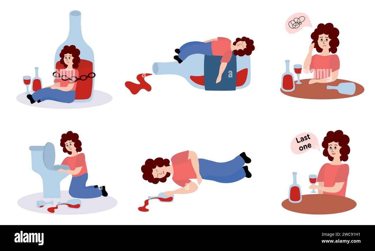 Alcohol abuse and addiction concept. Set of drunk woman with bottles of ...