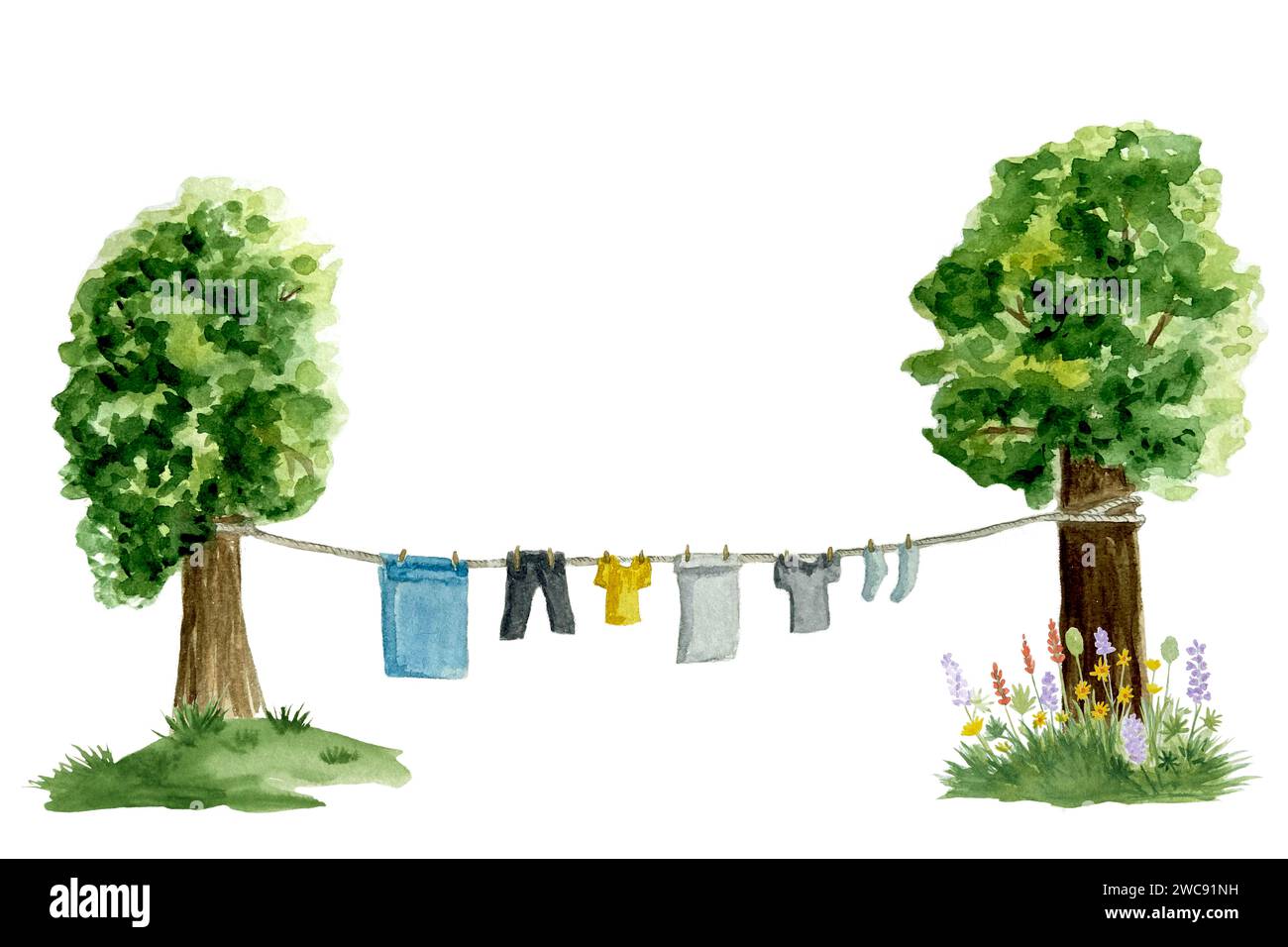 Watercolor rustic illustration drying clothes isolated on white Stock ...