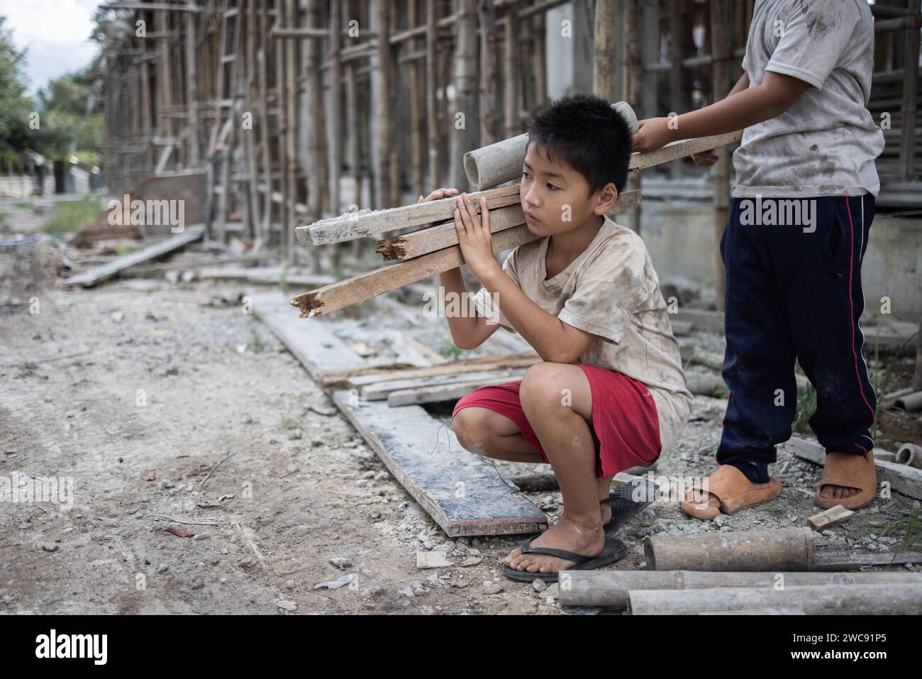 Children working at construction site for world day against child labor ...