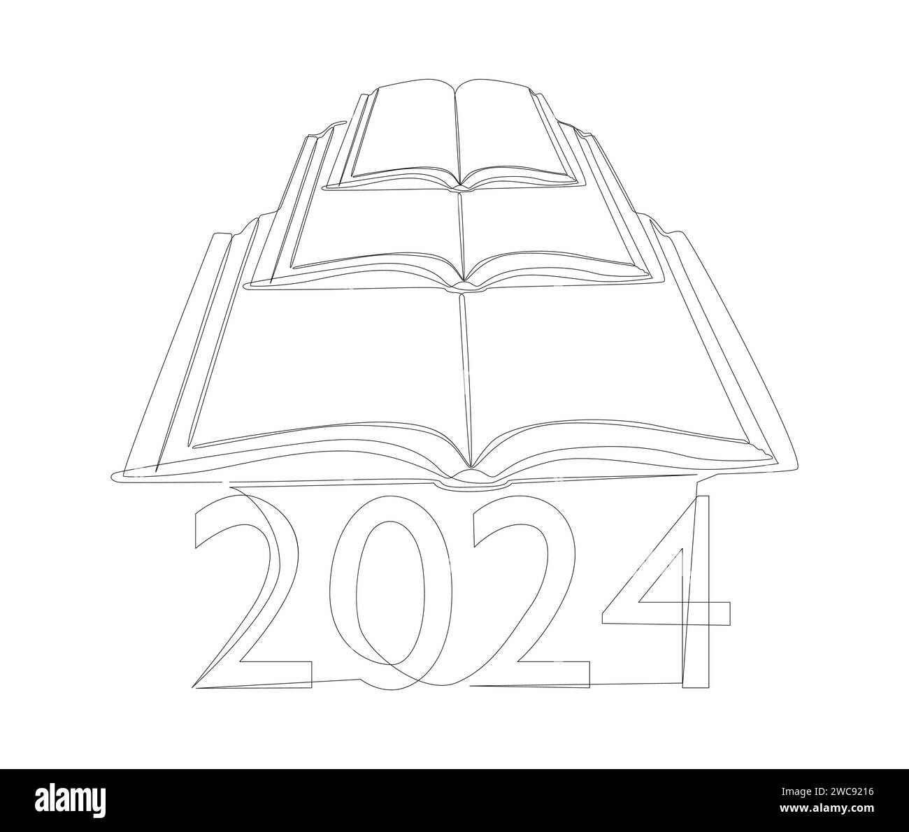 One continuous line of Book with the number 2024. Thin Line ...