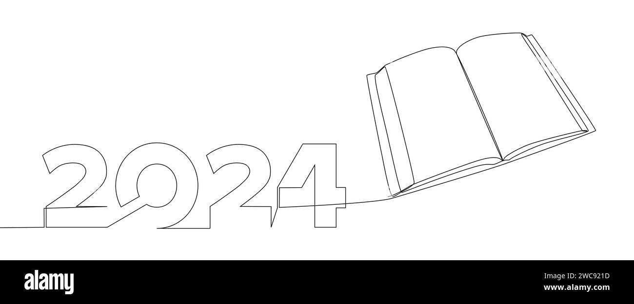 One continuous line of Book with the number 2024. Thin Line ...