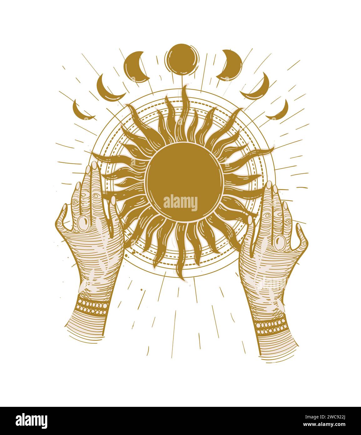Mystical print of hands holding the sun, boho tattoo, astrology ...