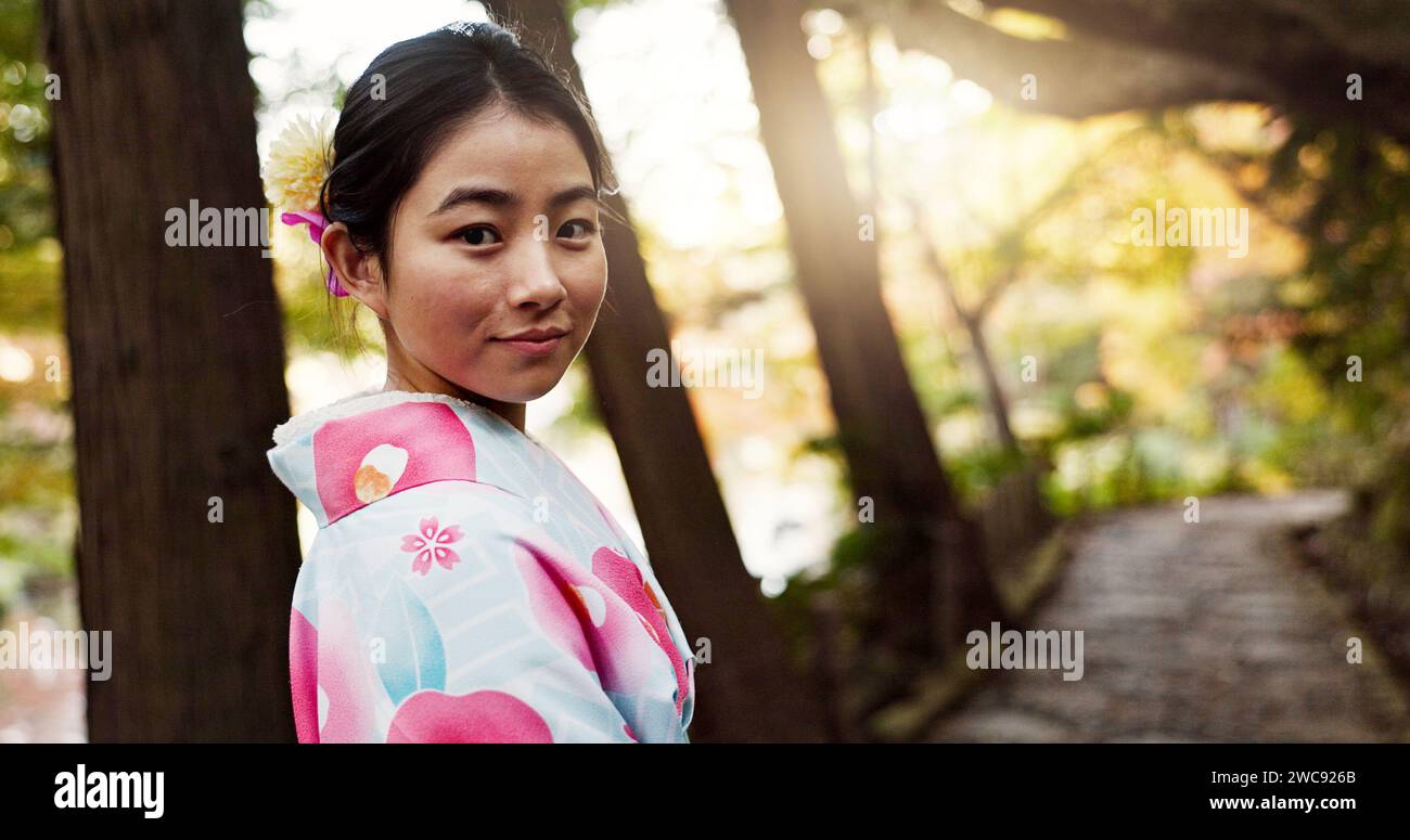 Park, traditional and portrait of Japanese woman for wellness, fresh ...