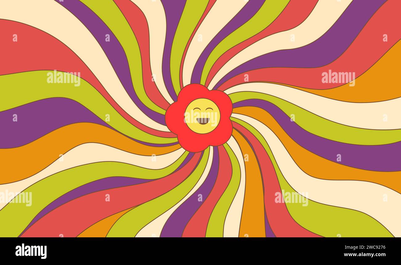 Colorful groovy hippie 70s background. Twisted pattern with smiling ...