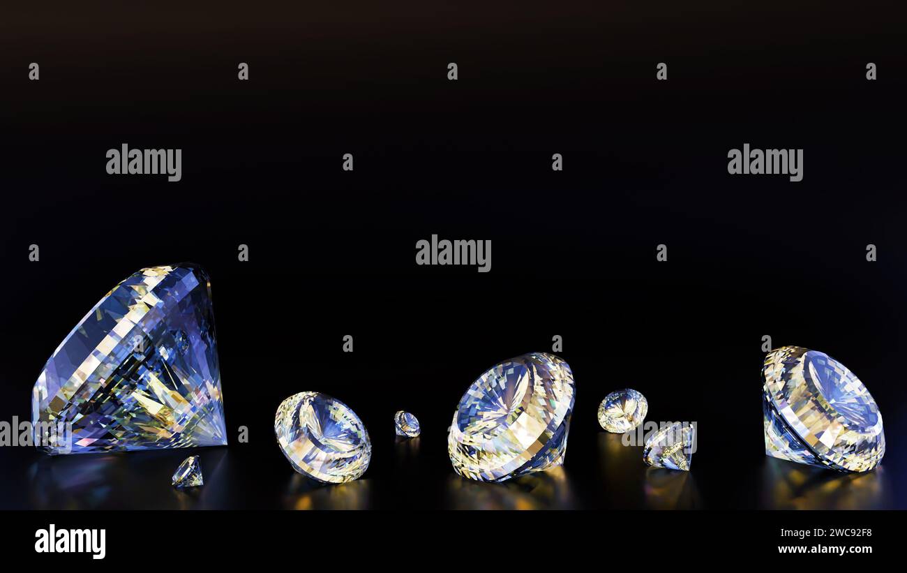 3D rendering of round and pear-shaped diamonds on a deep shade of black ...