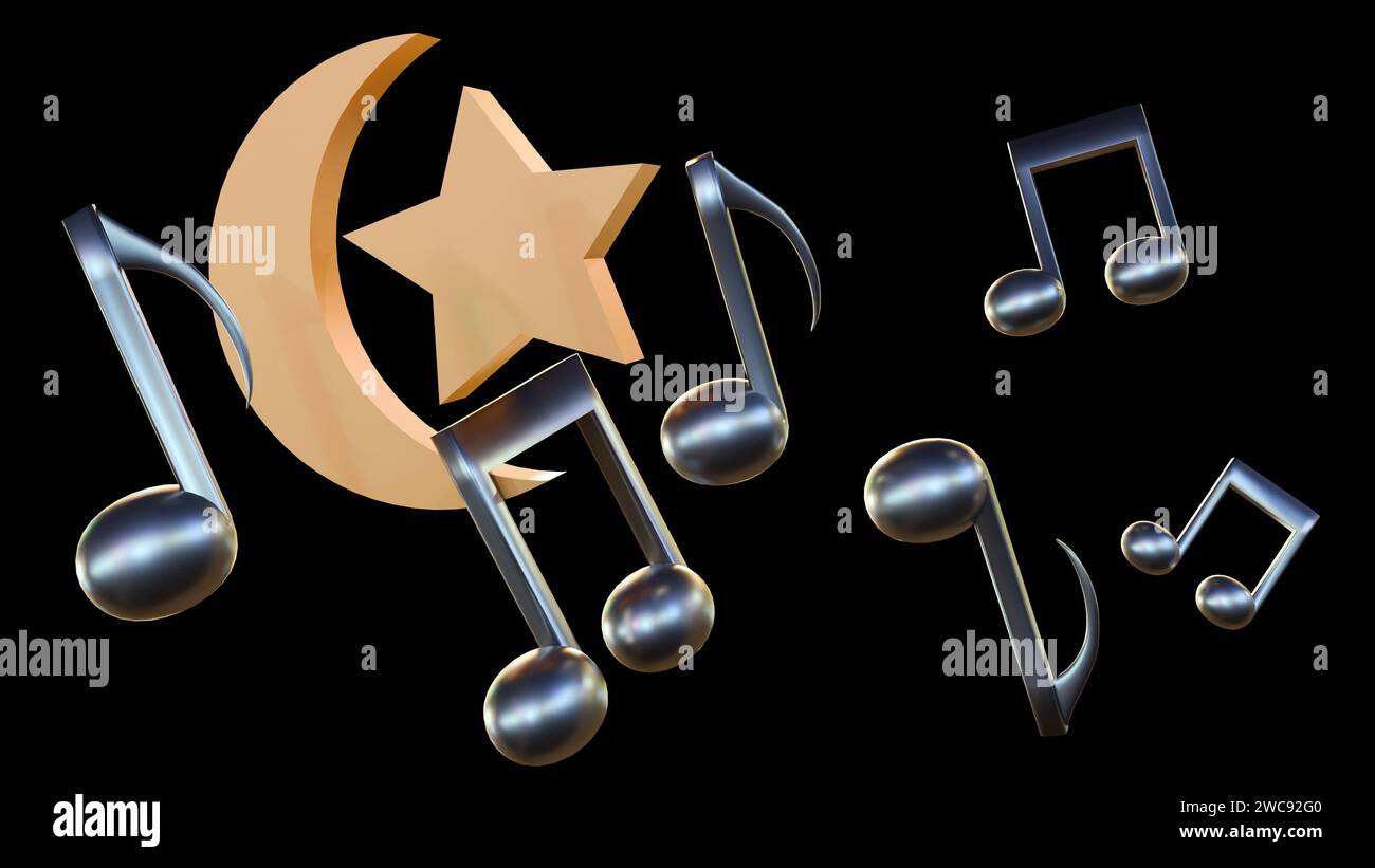 3d rendering of a crescent moon and a star, surrounded by musical notes ...