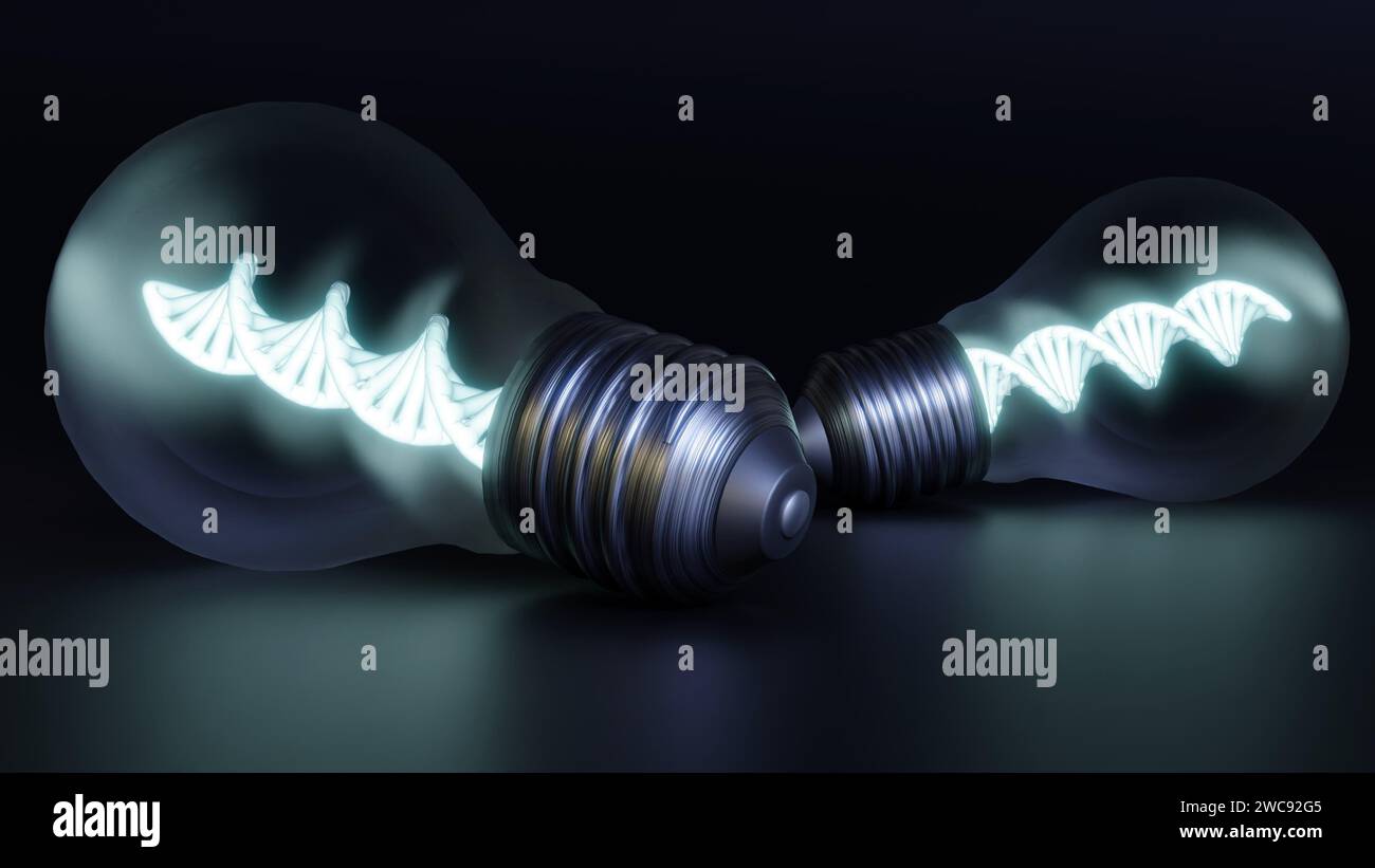 A glowing DNA helix strand illuminates the interior of a lightbulb in ...