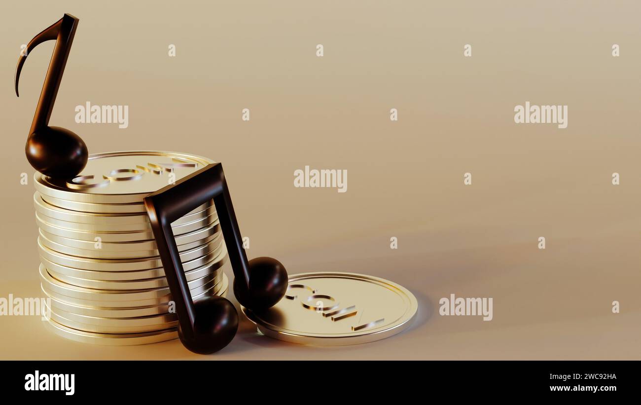 3d rendering of musical notes on top of pile of coins as a symbol of ...