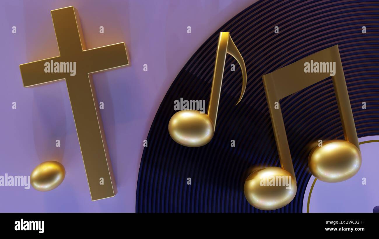 The gospel vinyl record, adorned with a golden cross and music notes ...