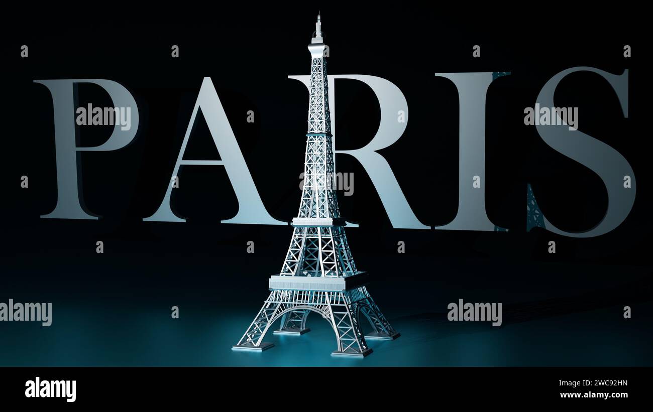 3D rendering of the Eiffel Tower stands tall with word Paris against a ...