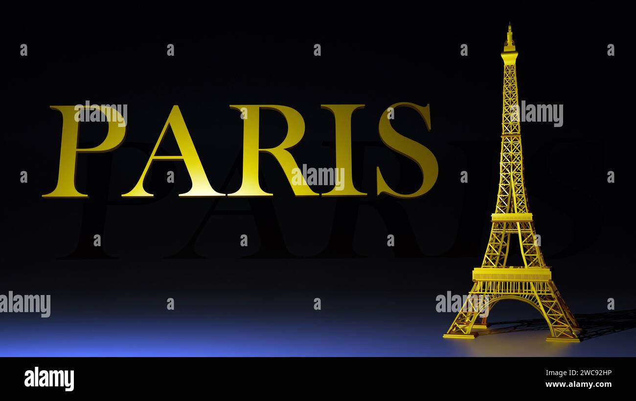 3D rendering of the Eiffel Tower stands tall with word Paris against a ...