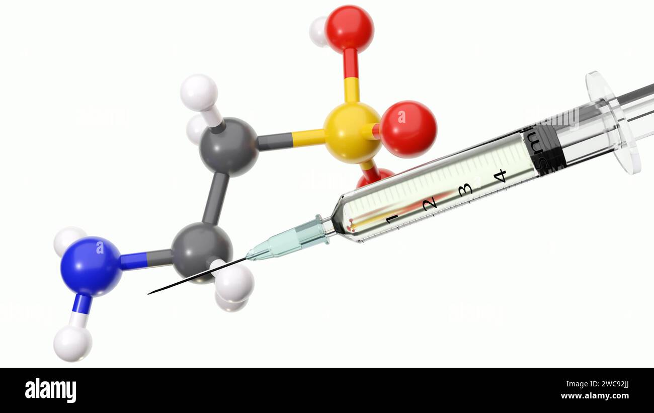 3d rendering of 2-aminoethanesulfonic acid or taurine molecule and ...