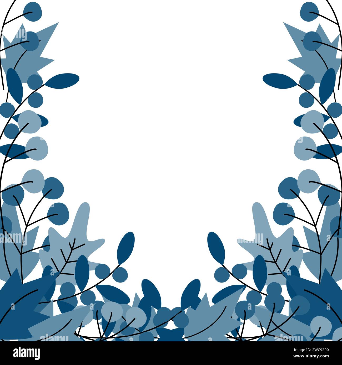 Frame Of Twigs And Leaves With Bottom And Side Borders In Trendy Blue Design Concept For