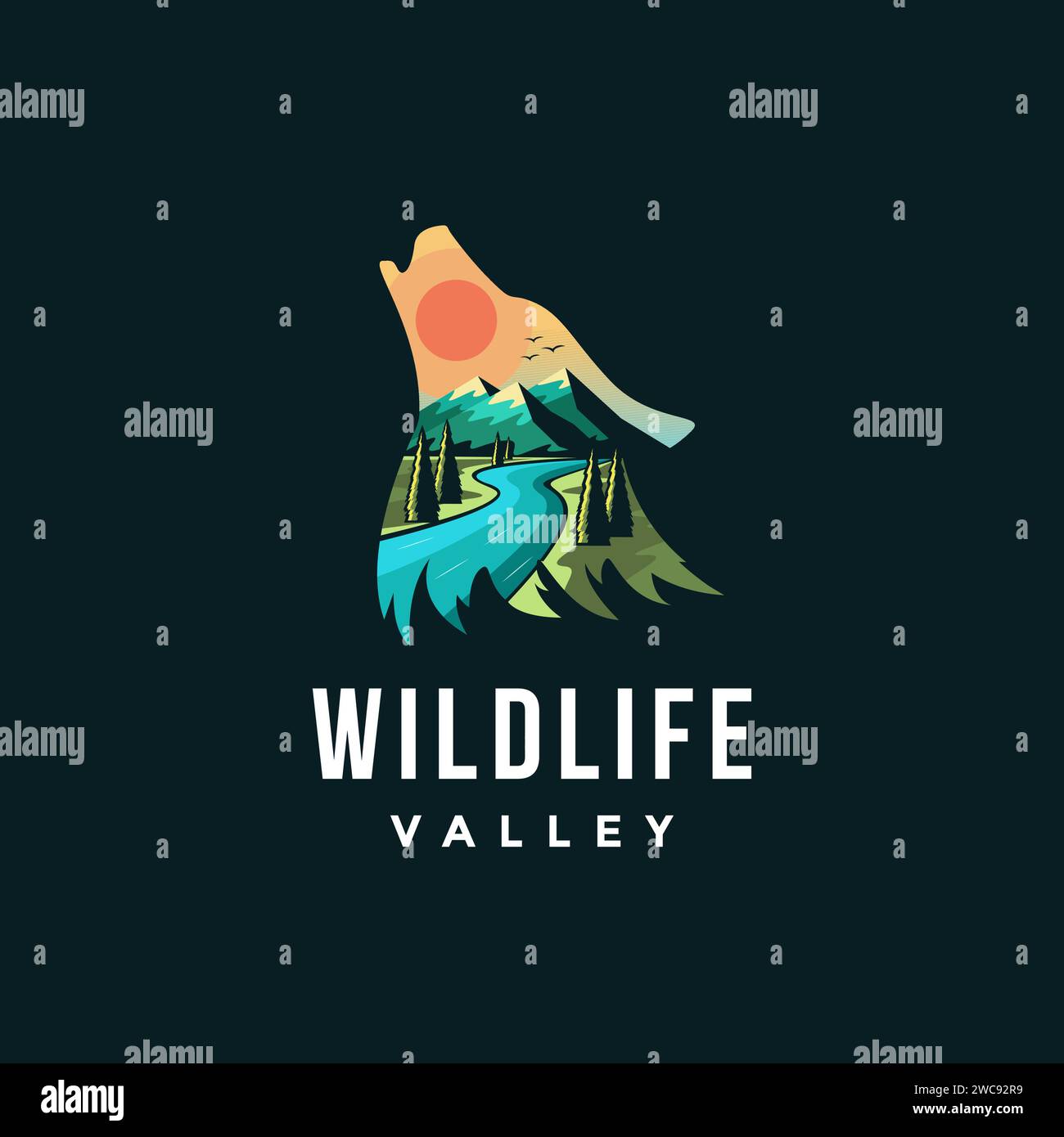 Wolf Emblem patch of wilderness, wolf shape and mountain valley ...