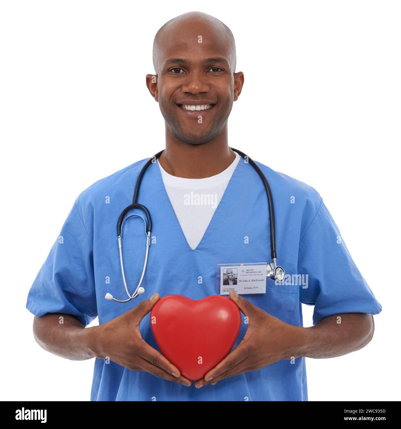 Heart prop, portrait and man with healthcare doctor and employee ...