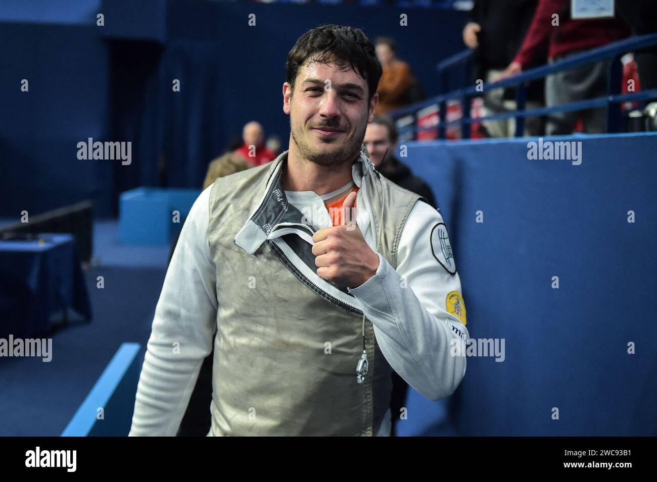 Paris, France. 14th Jan, 2024. France's foilist MAXIME PAUTY thumbs up ...