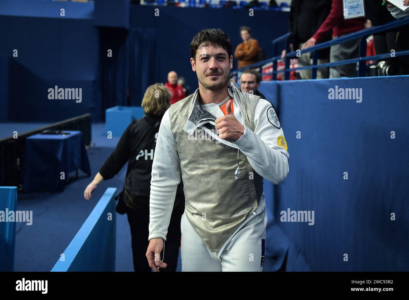 Paris, France. 14th Jan, 2024. France's foilist MAXIME PAUTY thumbs up ...