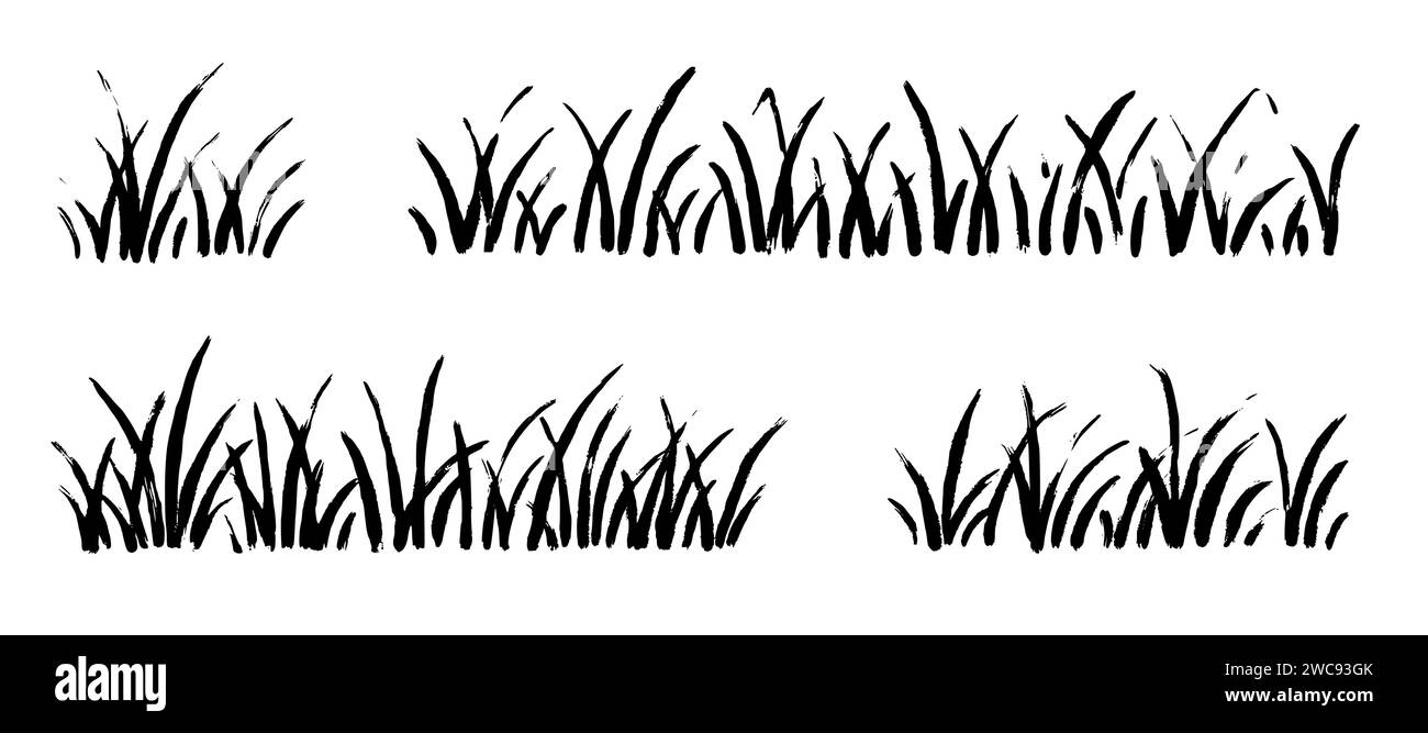 Grass doodle ink brush sketch set. Hand drawn vector grass field grunge ...