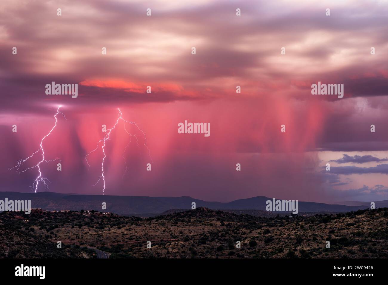 Monsoon thunderstorm with lightning strikes near Rimrock, Arizona Stock ...