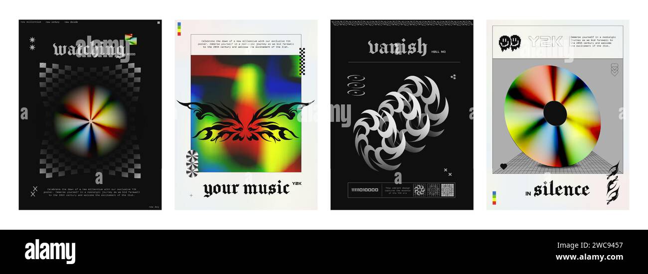 Y2k retro poster and cover design template with bright iridescent and ...