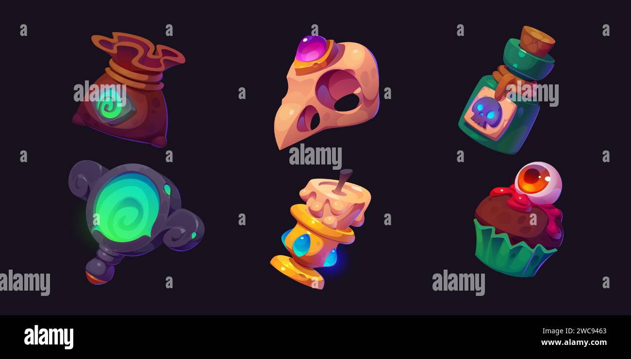 Set of magic game assets isolated on black background. Vector cartoon ...