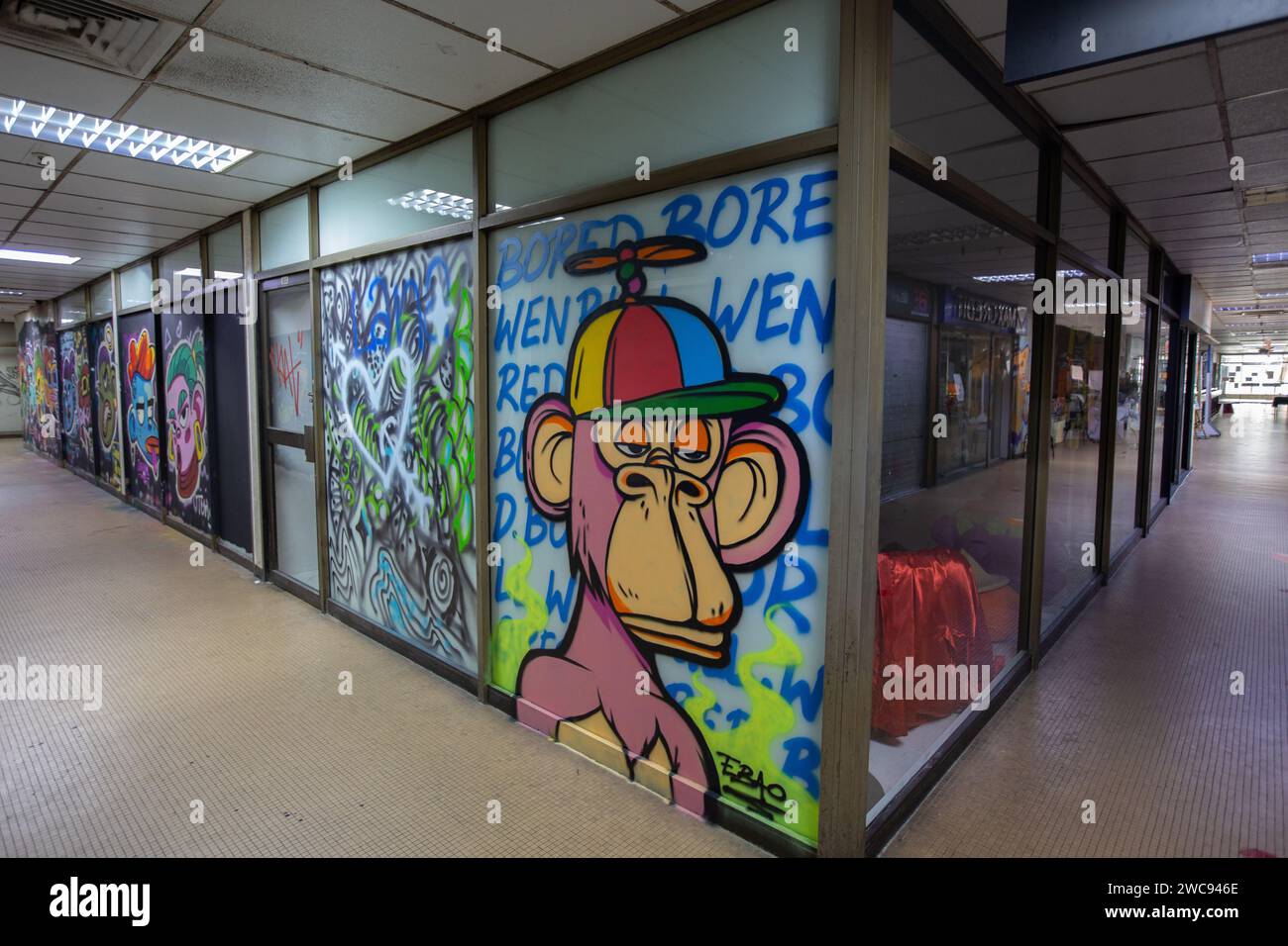 Inside Peace Centre, a commercial building, abandoned shopfronts ...