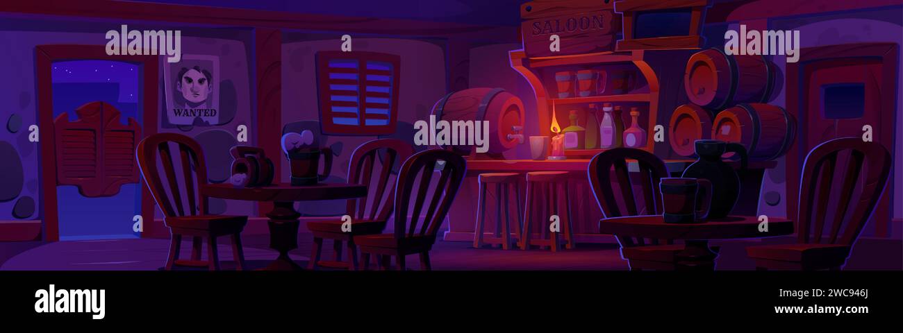 Empty dark western tavern at night. Cartoon vector cowboy saloon ...