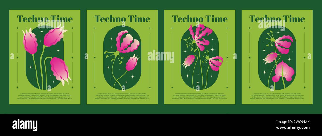 Set of y2k groovy posters with floral design. Vector realistic ...