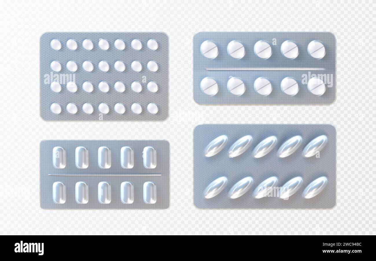 Pills and capsules in foil blister pack mockup. Realistic vector ...