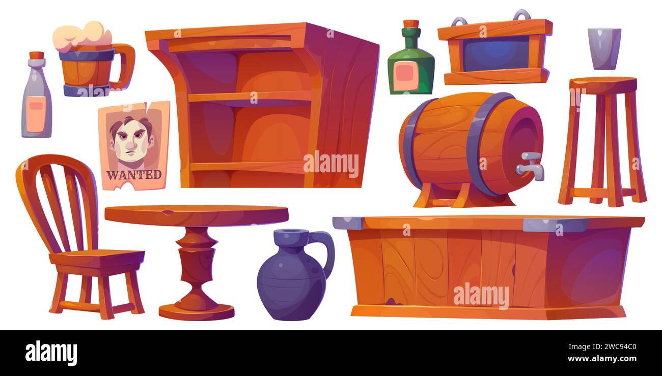 Western bar furniture set isolated on white background. Vector cartoon ...