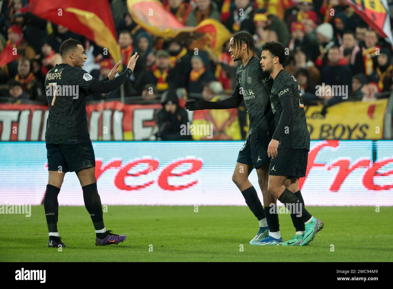 Lens, France. 14th Jan, 2024. Bradley Barcola of PSG celebrates his ...