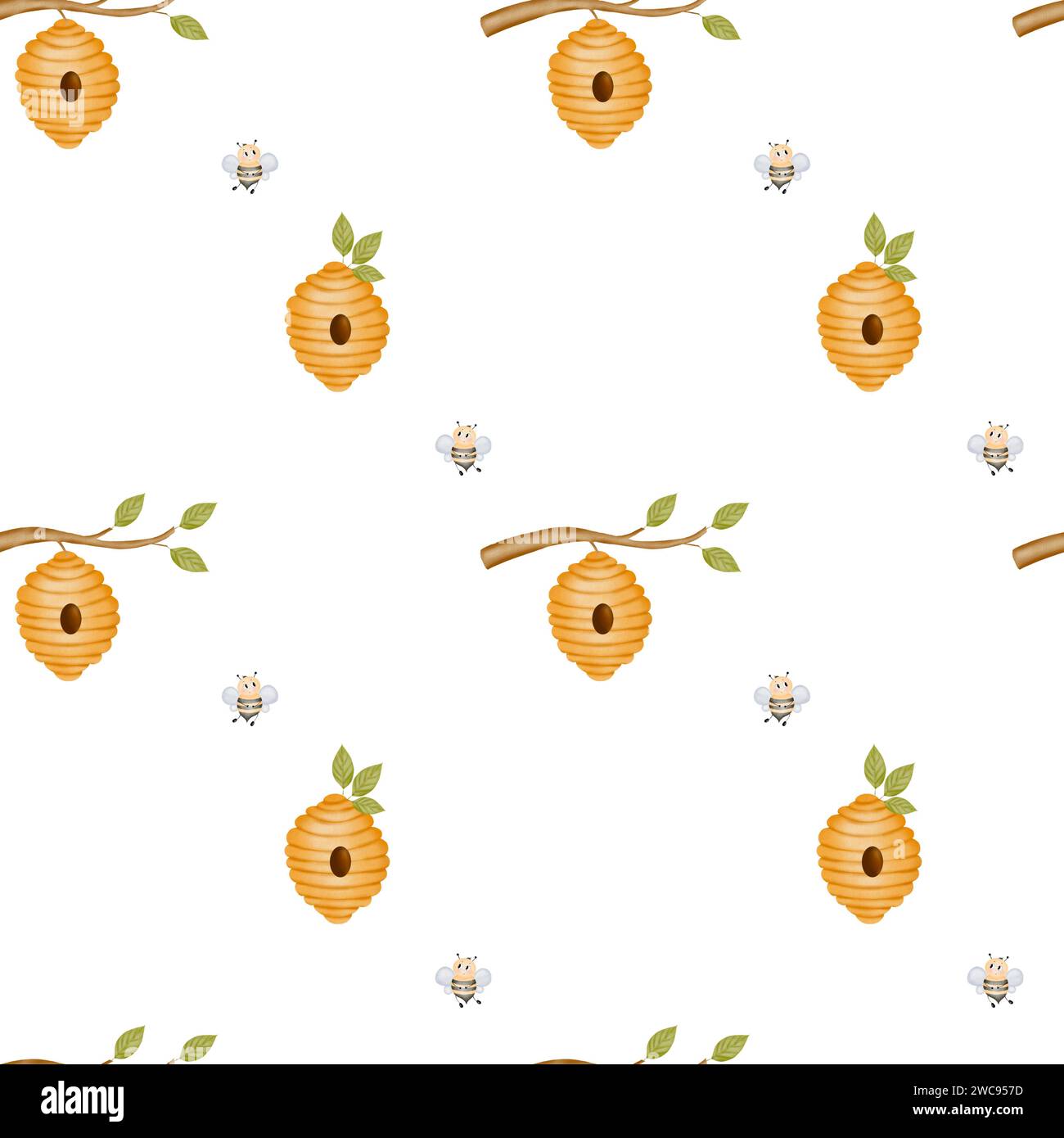 Watercolor seamless pattern of bee with beehive and branch on white ...