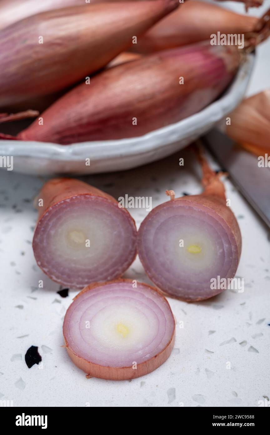 French long pink shallots grappe onion from Brittany, France close up ...