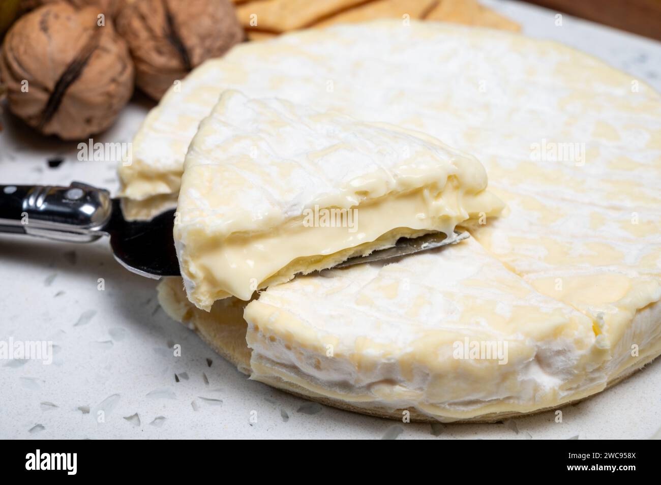 French soft Cremeux de Normandie cheese, soft creamy cheese with white ...