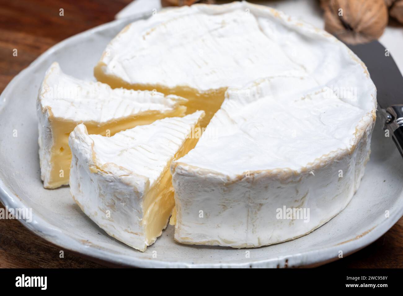 French soft Camembert cheese, original Camembert de Normandie, close up ...