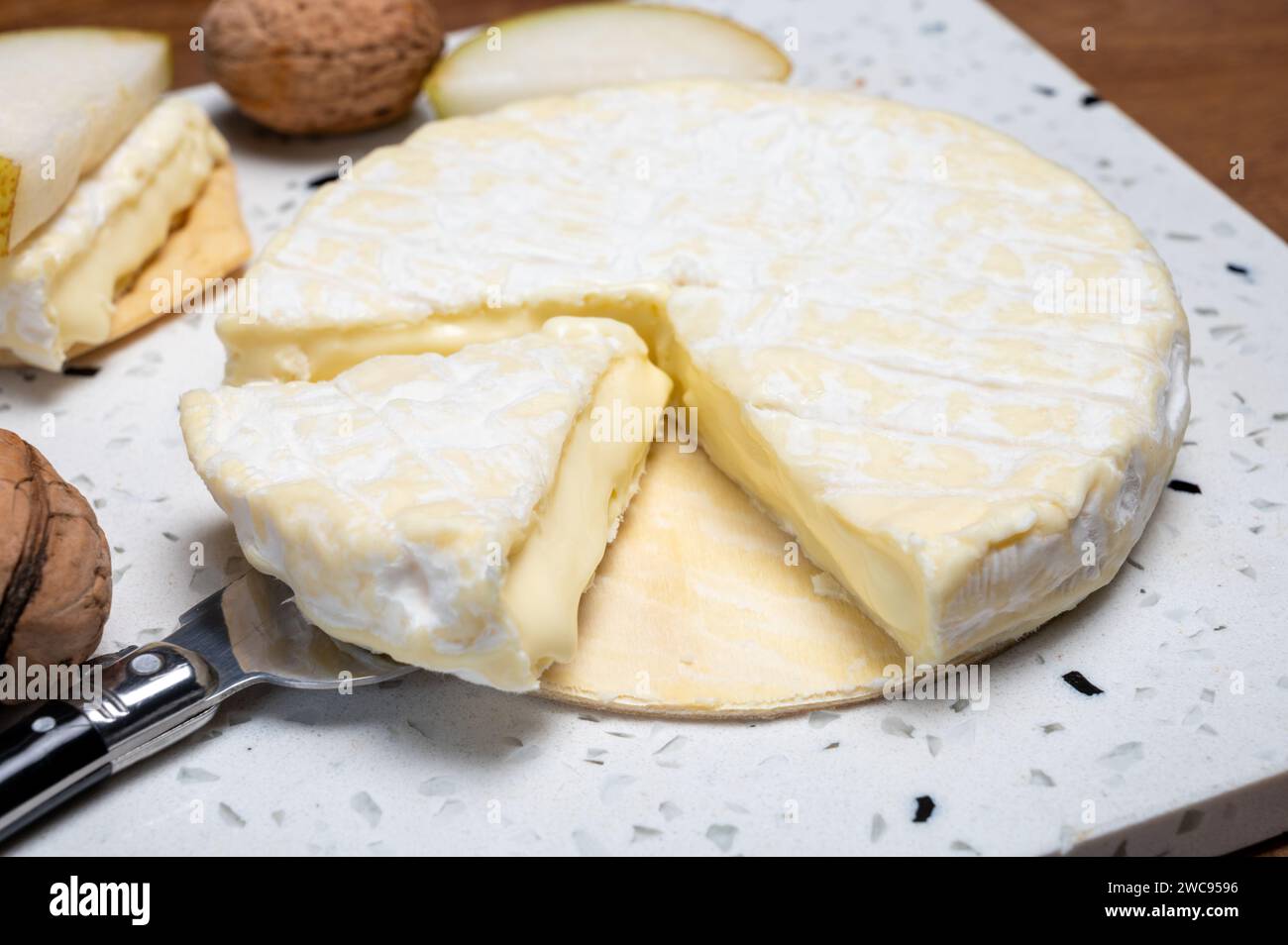 French soft Cremeux de Normandie cheese, soft creamy cheese with white ...