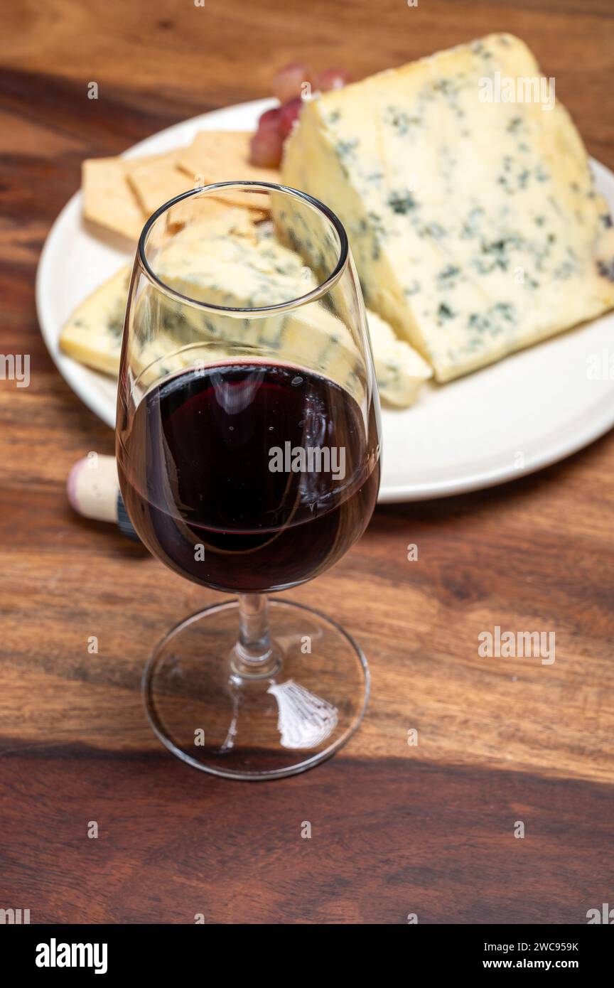 Red porto and cheese pairing, blue matured stilton English cheese ...