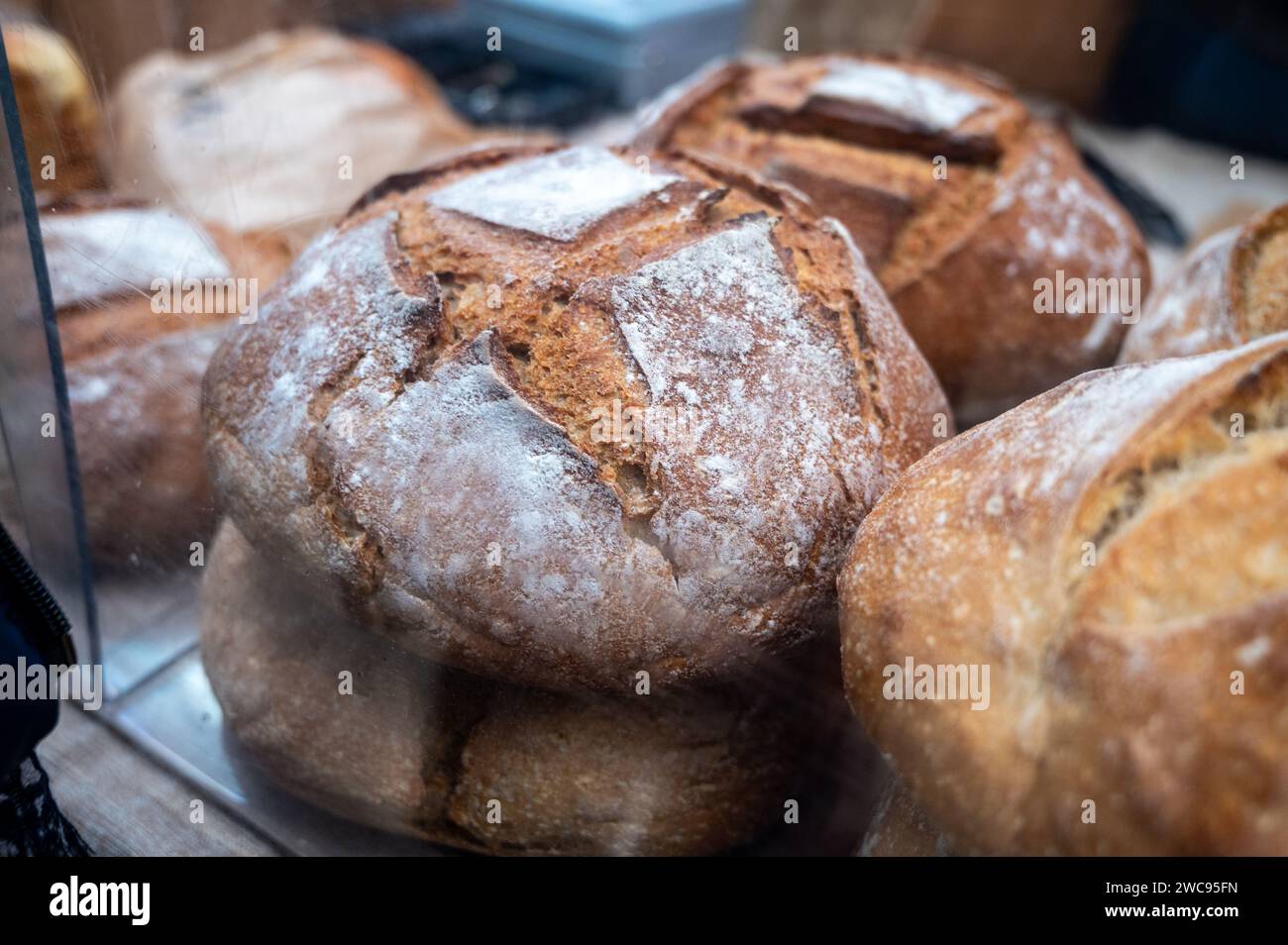 Sour dough bio bread made with natural yeast starter and baked in wood ...