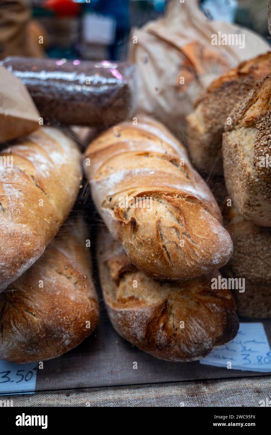 Sour dough bio bread made with natural yeast starter and baked in wood ...