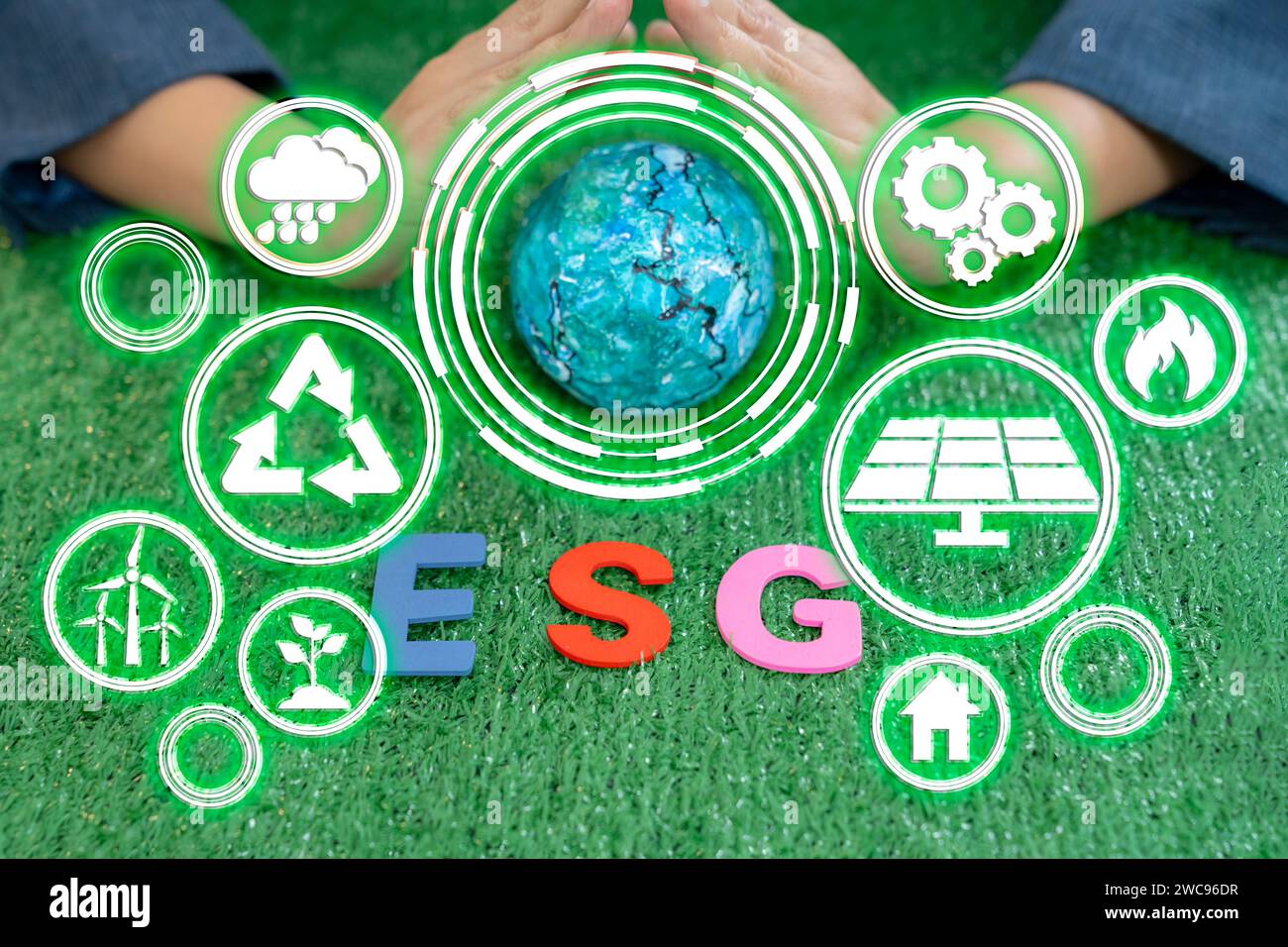 Model globe on hands, ESG icon for Environment Social and Governance ...