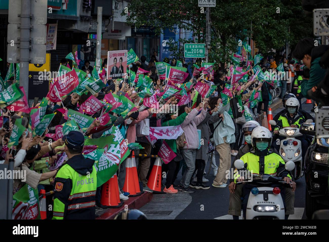 Taipei, Taiwan. 12th Jan, 2024. The DPP Supporters were waving their ...