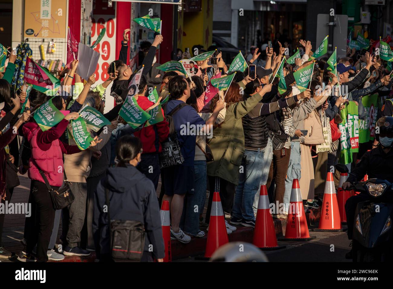 Taipei, Taiwan. 12th Jan, 2024. DPP Supporters were waving their flags ...