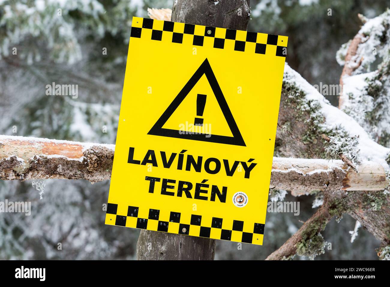 Strbske Pleso, Slovakia. 8th Apr, 2023. A sign informing about the risk ...