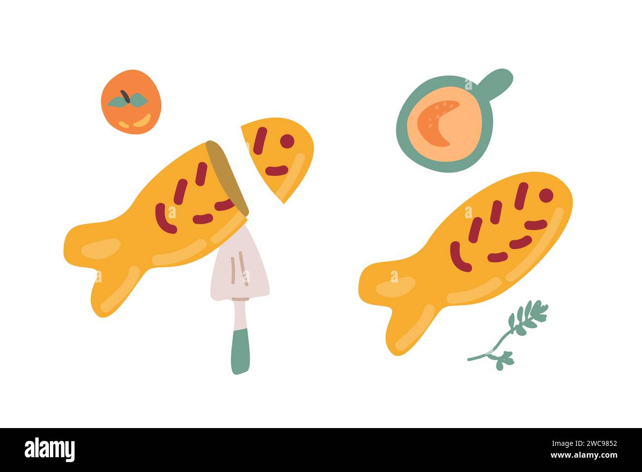 Hand drawn fish pie with cofee or tea cup and apple. Vector ...