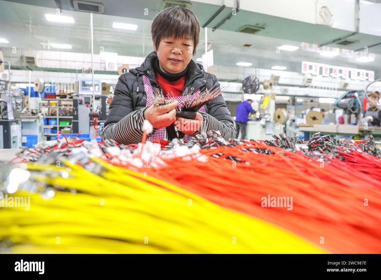 HUZHOU, CHINA - JANUARY 15, 2024 - A worker produces PTC heating block products at a micro ...