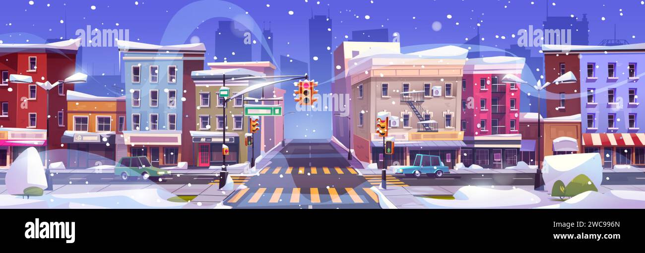 Cartoon winter landscape of city street intersection with cars riding ...