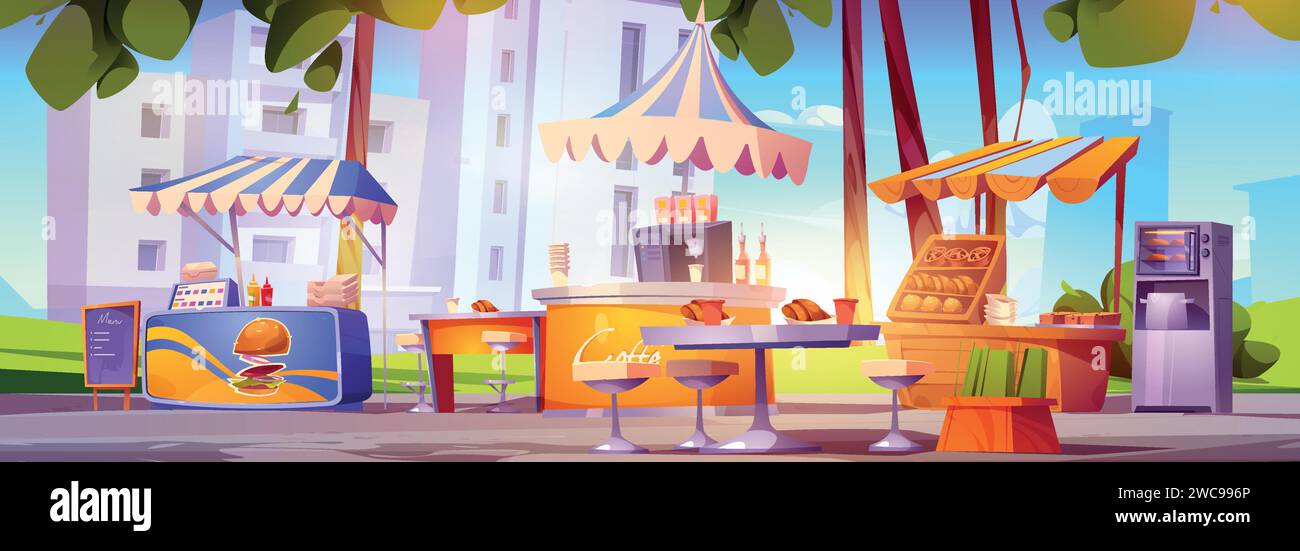 Street food market in city park. Vector cartoon illustration of burger ...