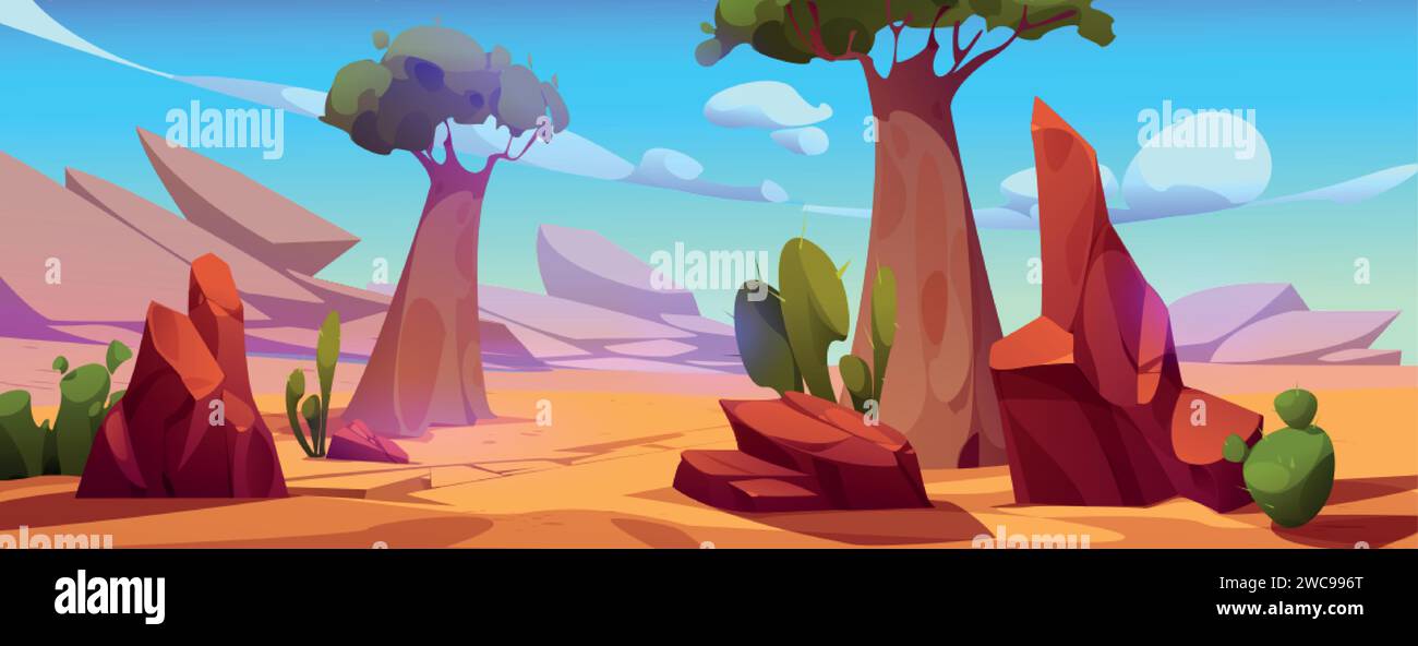 Canyon desert landscape with baobab tree and cacti. Vector cartoon ...