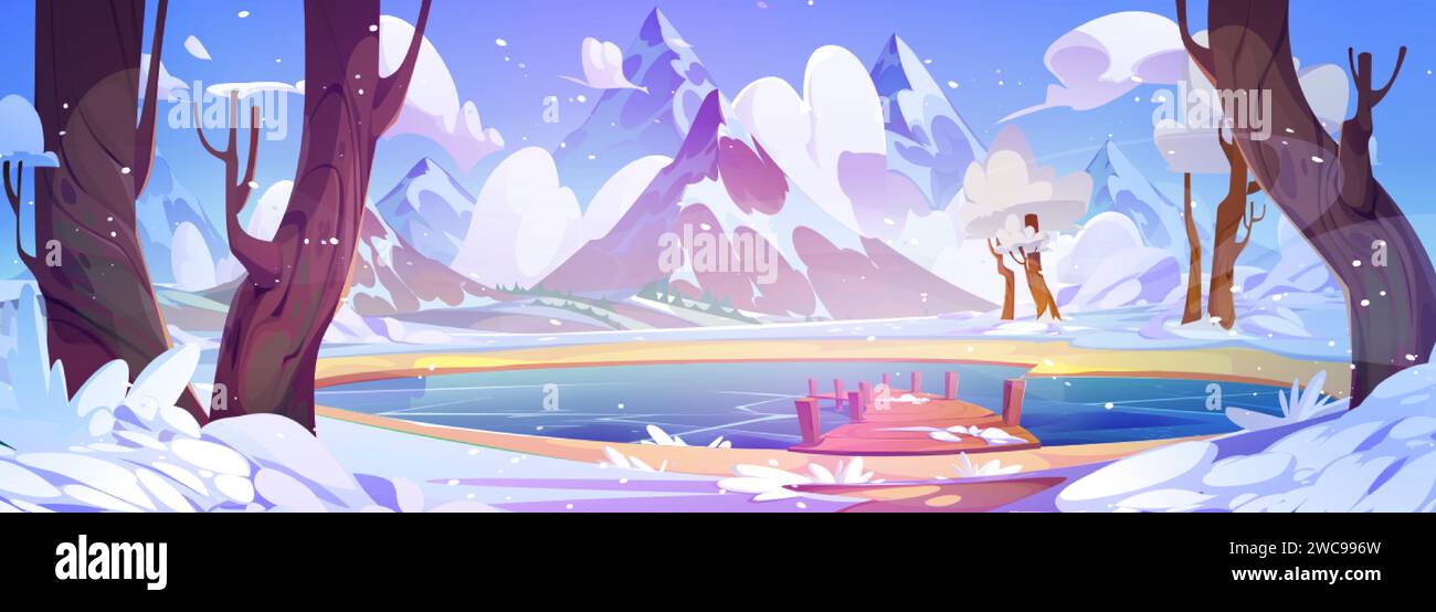 Frozen lake with wooden pier, winter mountains. Vector cartoon ...