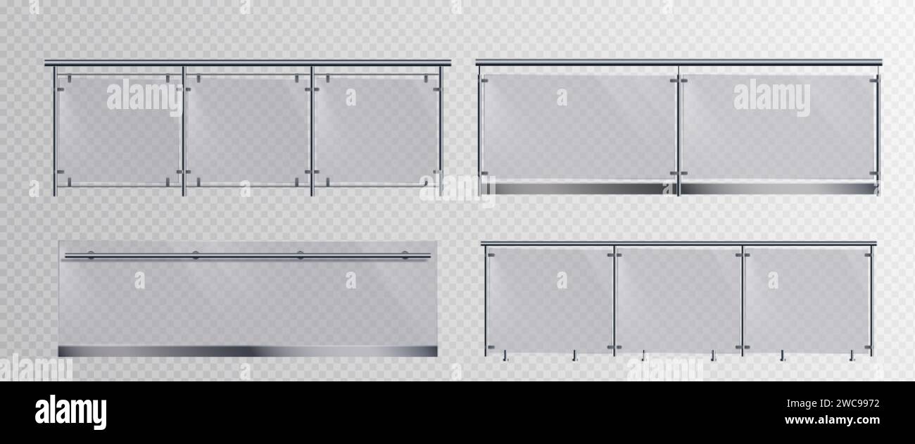 Glass banister for balcony or terrace fence. Realistic vector set of ...